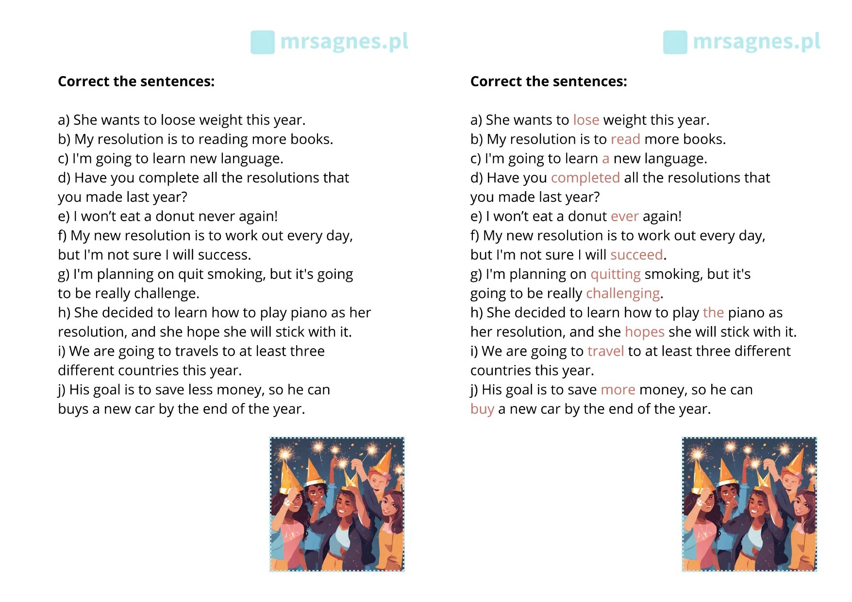 correct the sentences worksheet new year